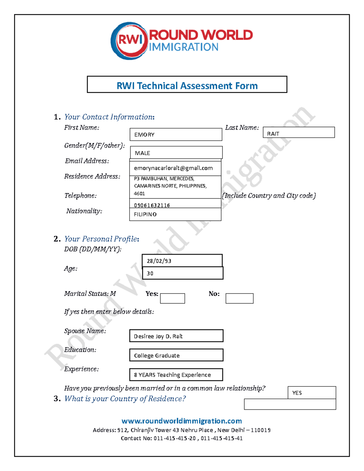 Technical Assessment form of RWI (18) - 1. Your Contact Information ...