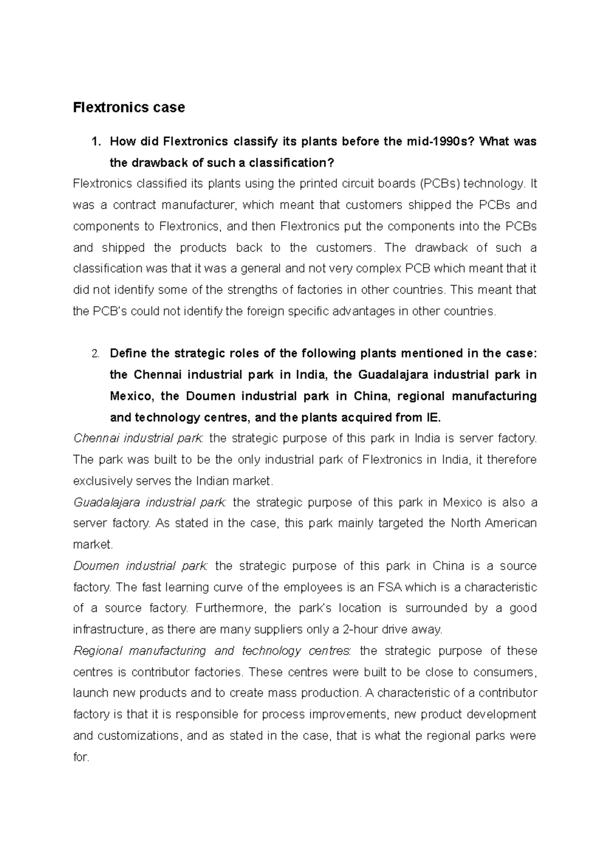 Flextronics Case Study Analysis: IIB, 2019-2020 - Studeersnel
