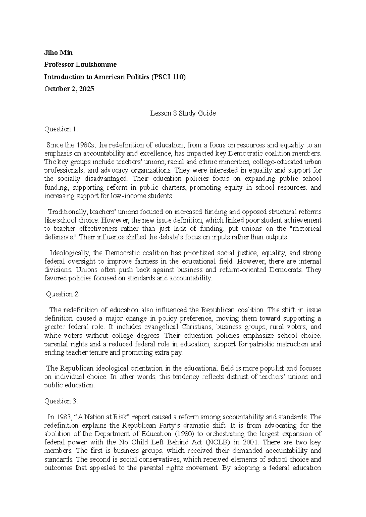 PSCI 110 Lesson 8 Study Guide: Redefining Education in Politics - Studocu