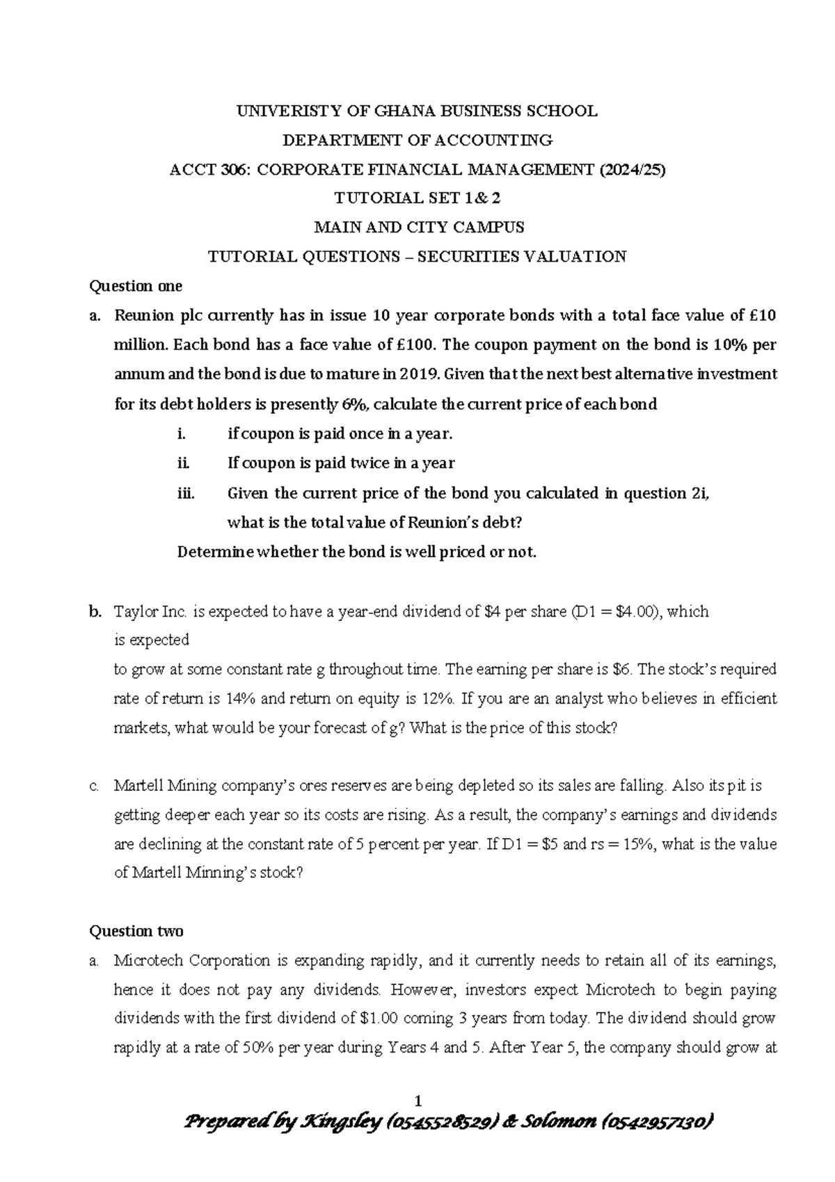 ACCT 306: Corporate Financial Management Tutorial Set 2 - Securities ...