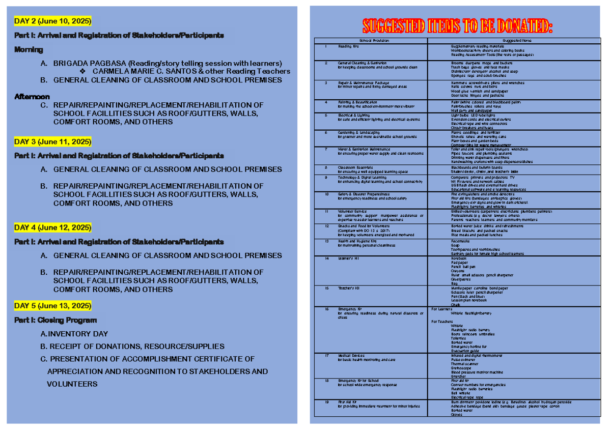 2025 Brigada Eskwela Program: Activities and Supplies Overview - Studocu
