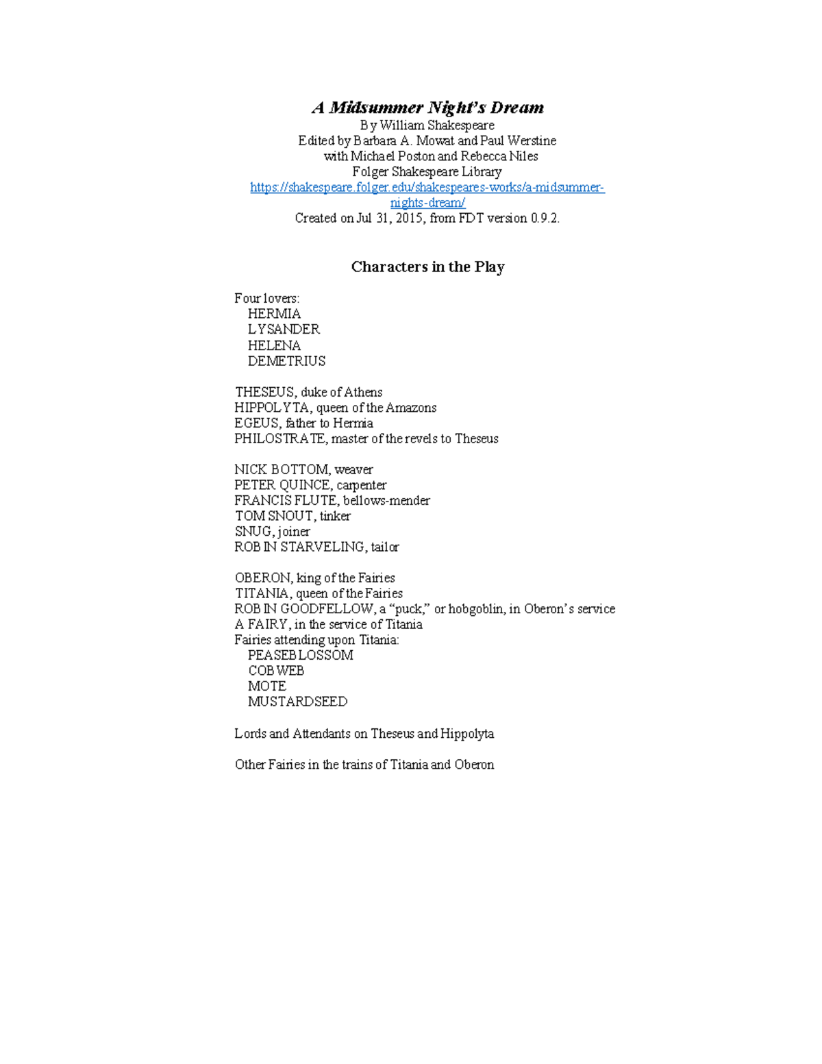 A Midsummer Night's Dream (FDT) - Character Analysis and Key Scenes ...