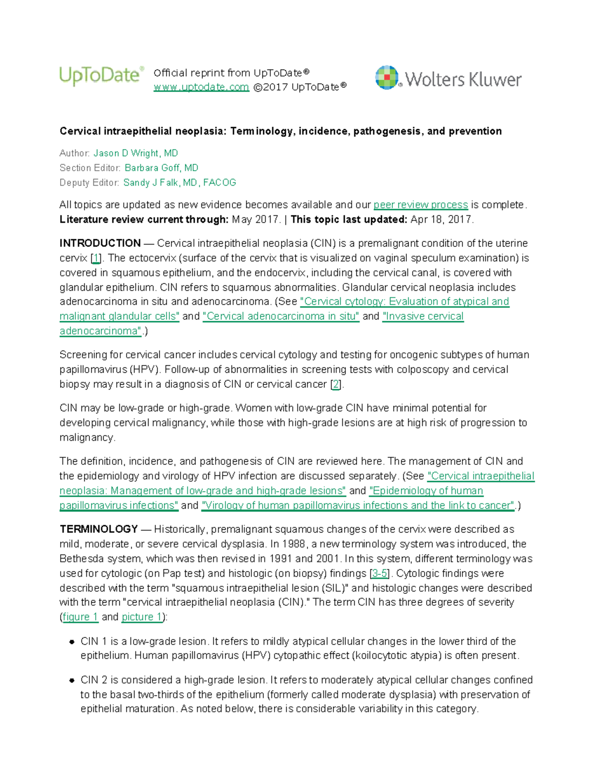 Cervical Intraepithelial Neoplasia (CIN): Terminology, Incidence, and ...