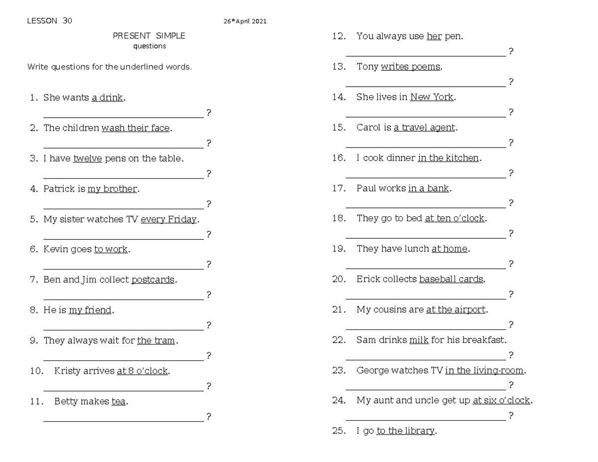 X10 - LESSON 30: Present Simple Questions Practice - Studocu
