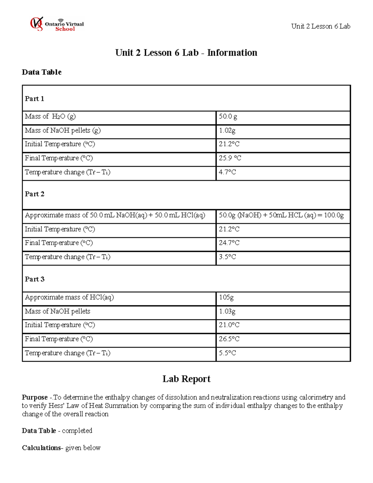SCH4U Unit 2 Lesson 6 Lab Report: Enthalpy Changes & Heat Summation ...
