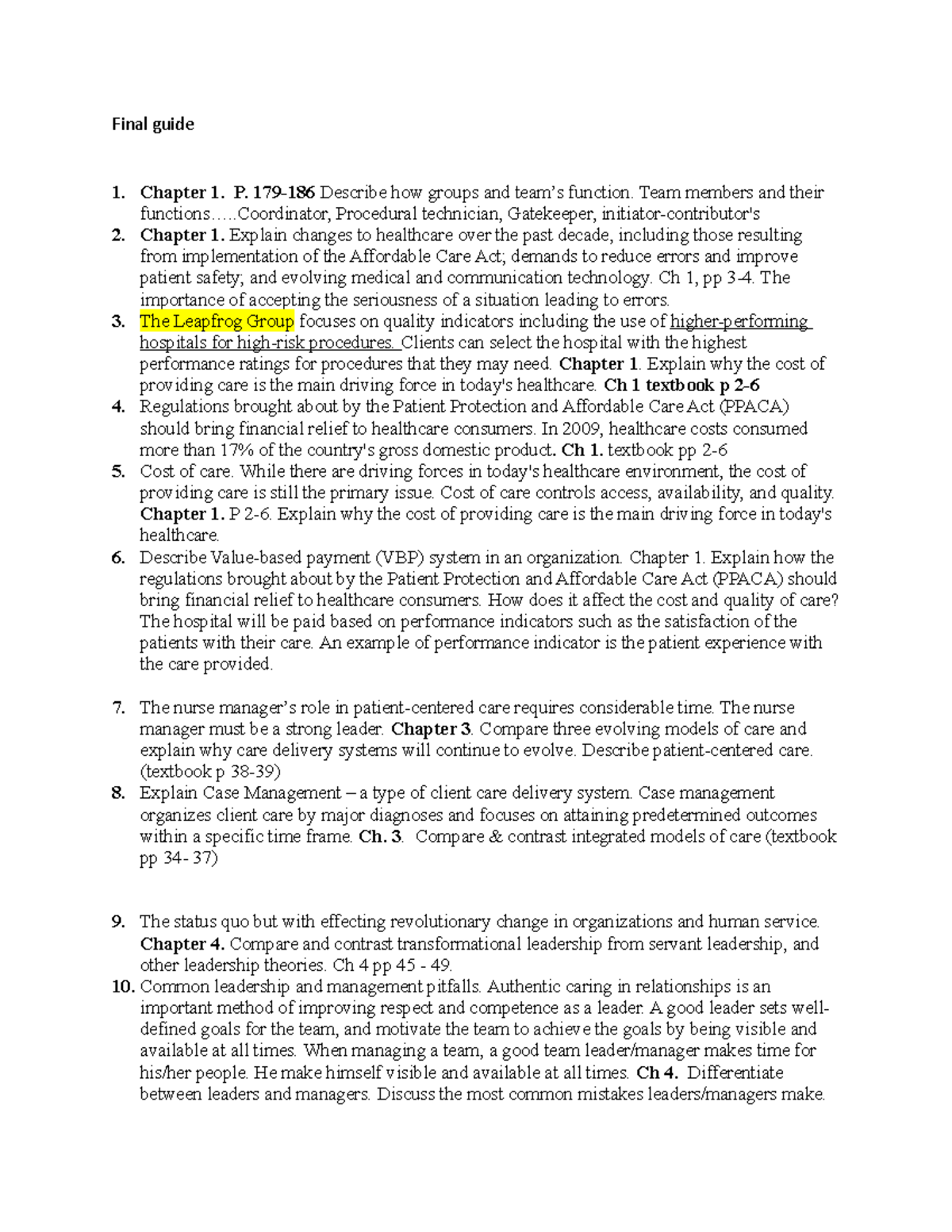 Final Exam Study Guide: Healthcare Leadership and Management Overview ...