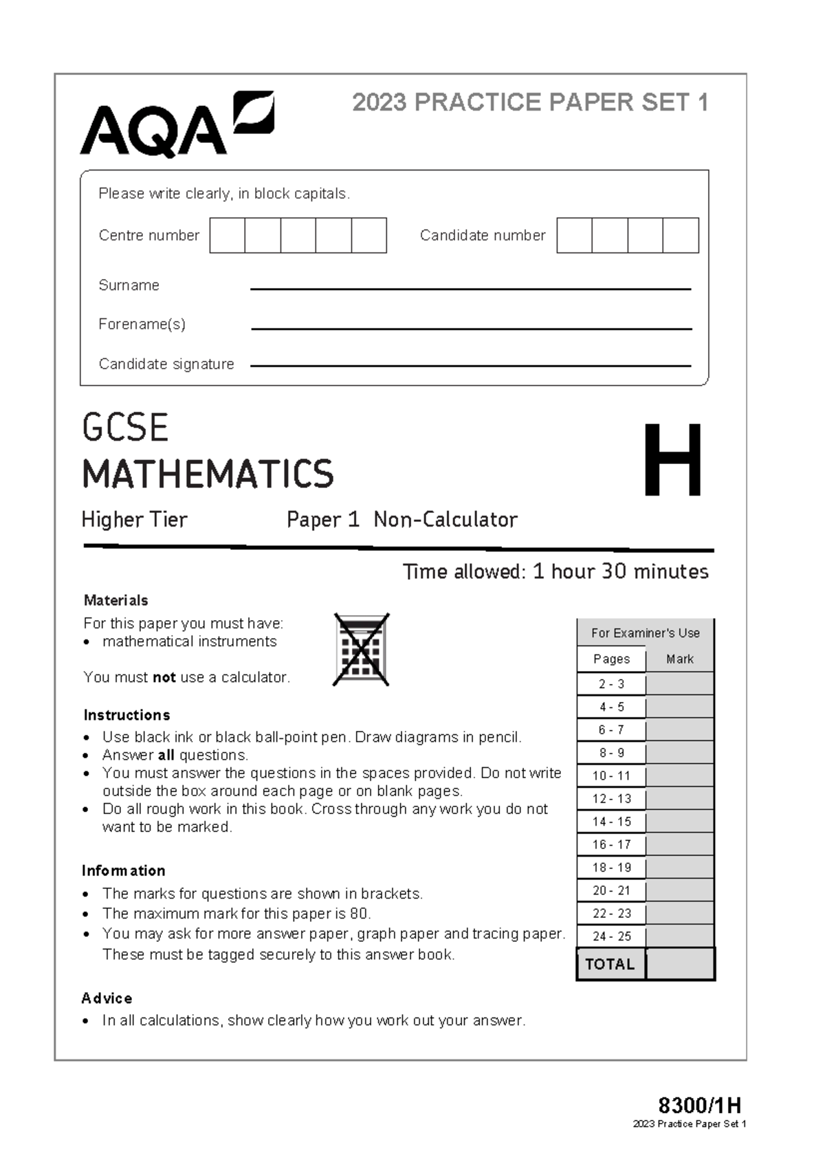 GCSE Maths Practice Paper 8300/1H - Set 1 (Higher Tier, Non-Calculator ...