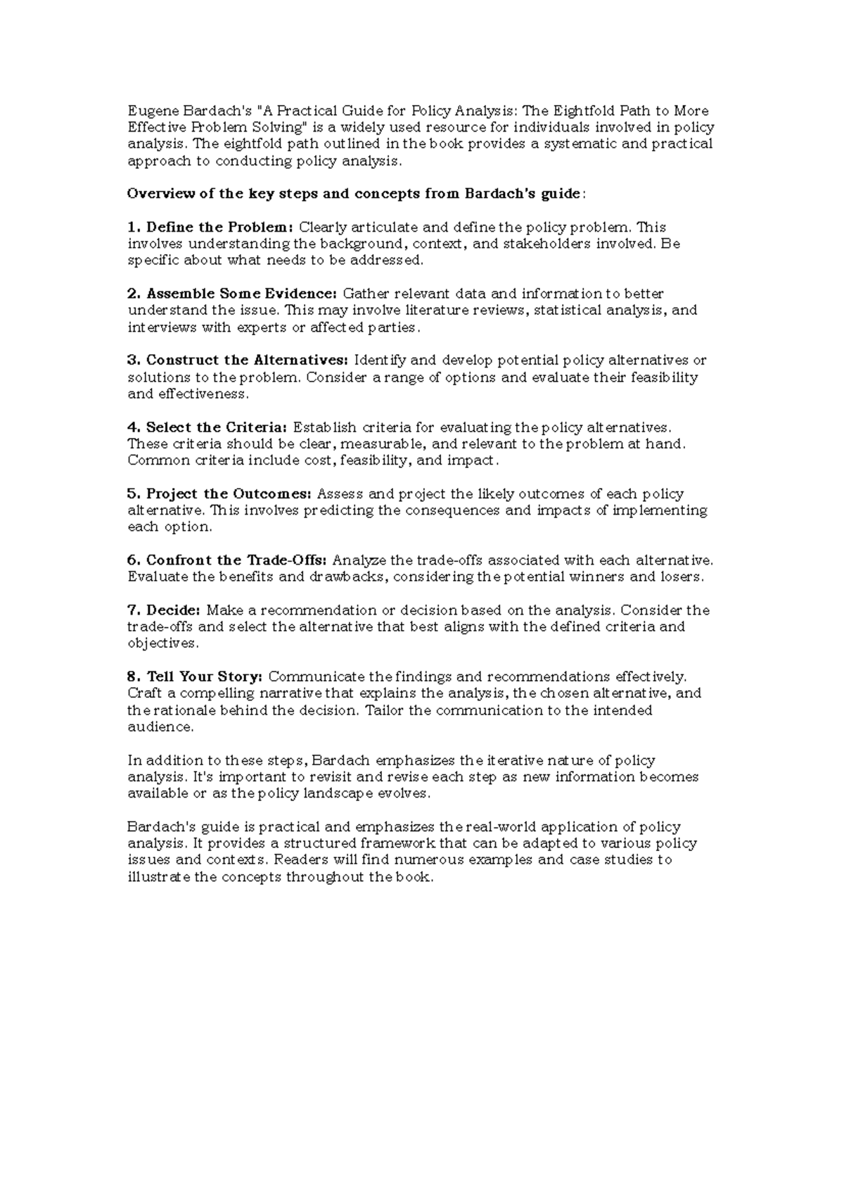 Eugene Bardach's Eightfold Path to Effective Policy Analysis Guide ...