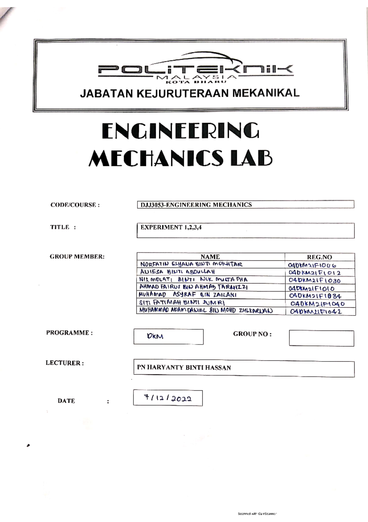 Engineering Mechanics JKM Lab Report Compilation (Reports 1-4) - Studocu