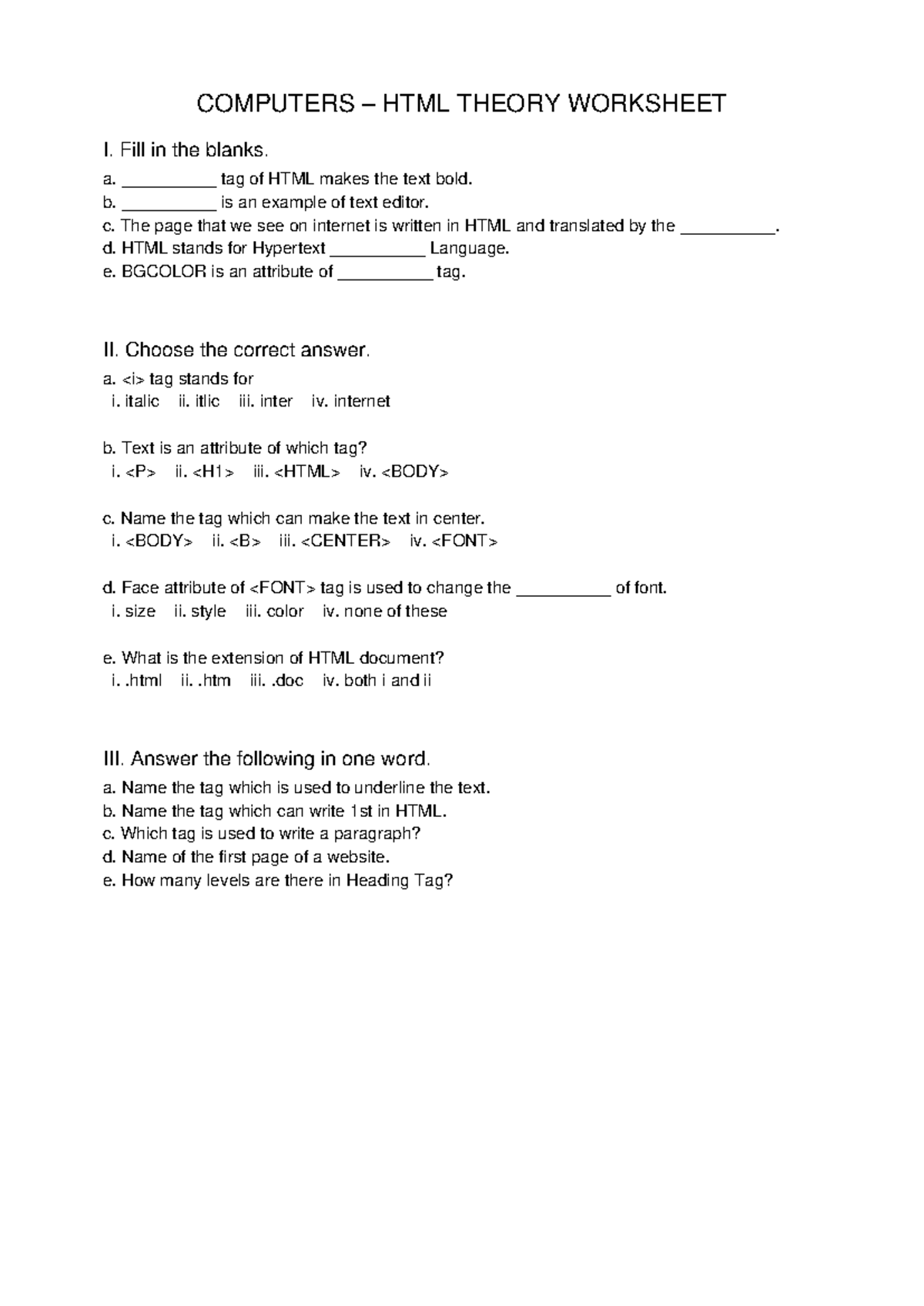 HTML Worksheet I: Fill in the Blanks & Multiple Choice Questions - Studocu