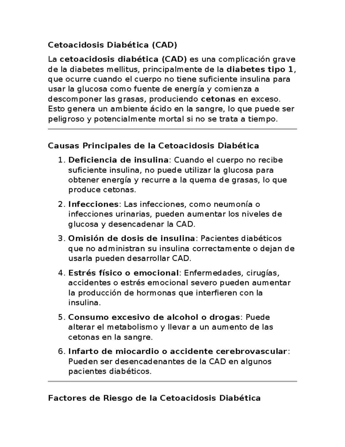 Cetoacidosis Diabética (CAD): Causas y Factores de Riesgo - Studocu