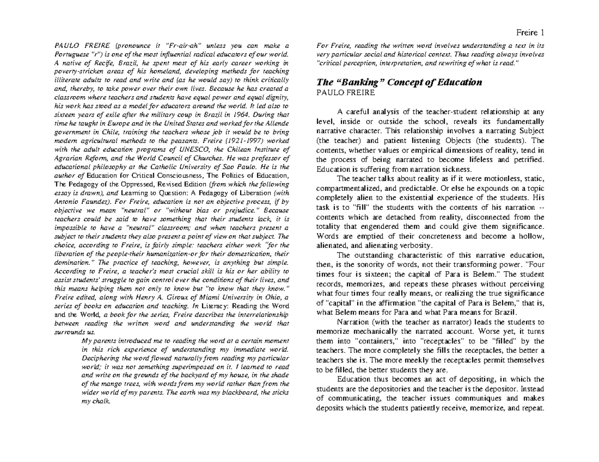 Understanding Freire's 'Banking' Concept in Education: Liberation vs ...