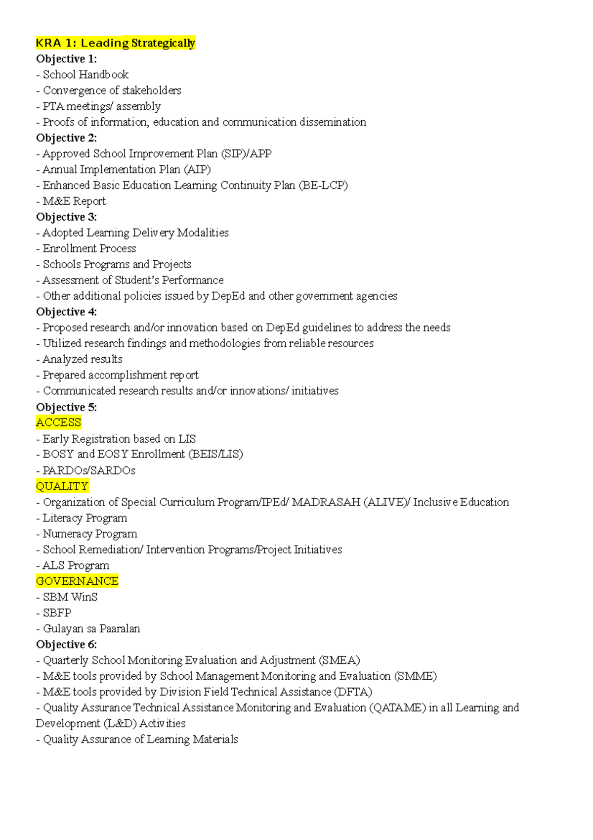 Opcrf movs - KRA 1: Leading Strategically Objective 1: School Handbook Convergence of ...