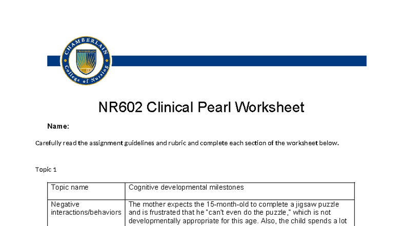 NR602 Week 2 Assignment: Cognitive Development & Safety Guidelines - Studocu