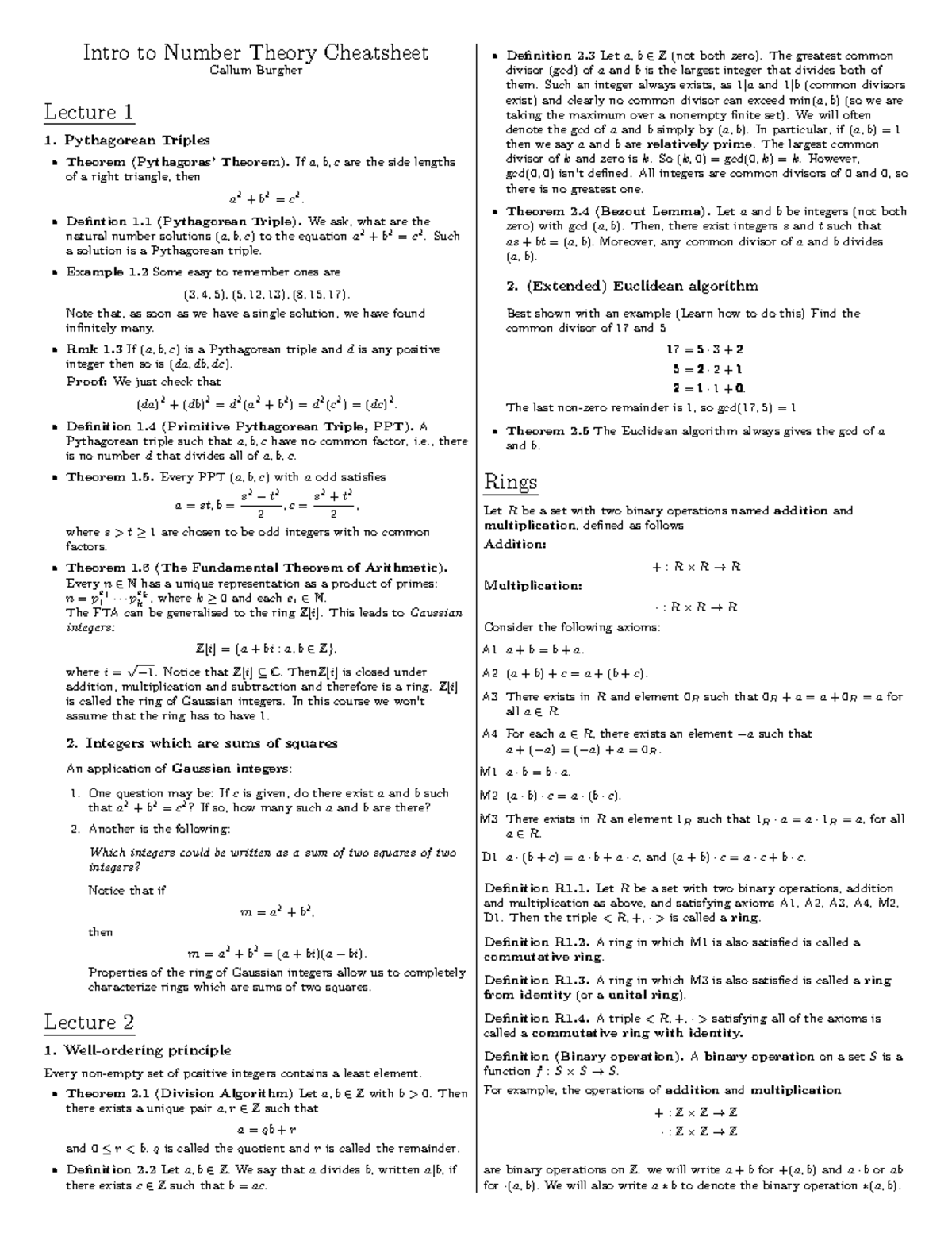 Intro to Number Theory Cheatsheet: Key Concepts from Lectures 1-18 ...