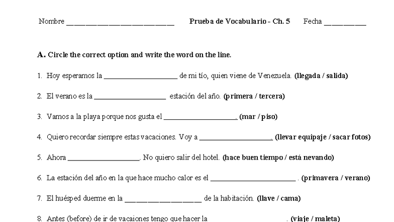 Prueba de Vocabulario Ch. 5 - Quiz de Opciones y Cierto/Falso - Studocu