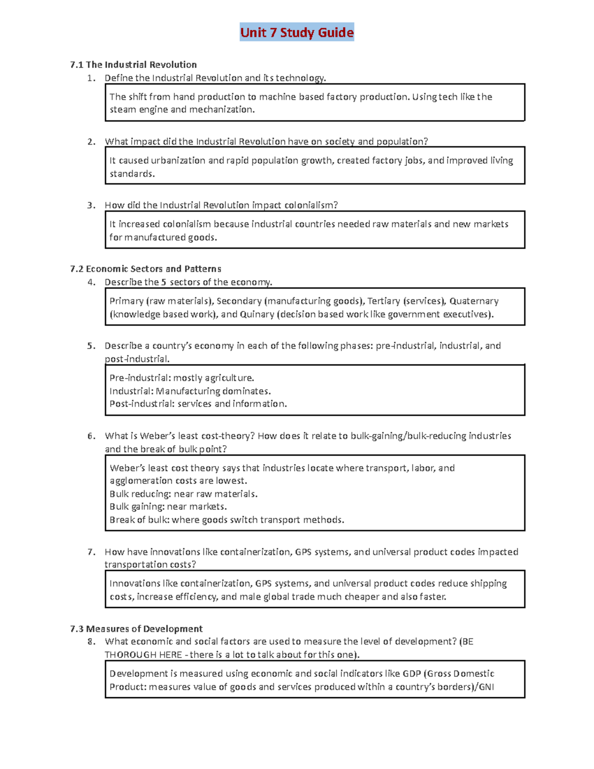 Unit 7 Study Guide: Industrial Revolution and Economic Development ...
