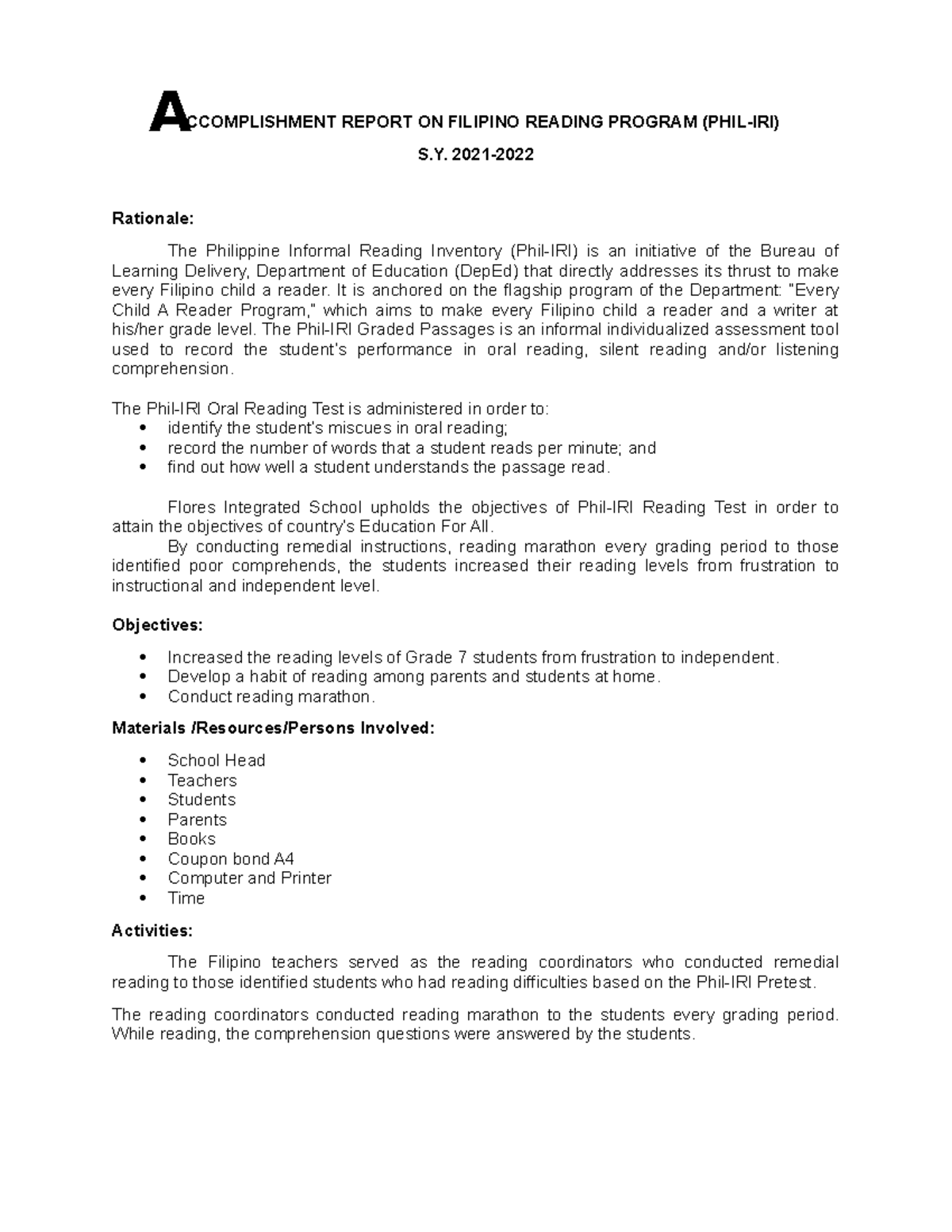 Accomplishment Report on Phil-IRI Reading Program (Grade 7) - Studocu