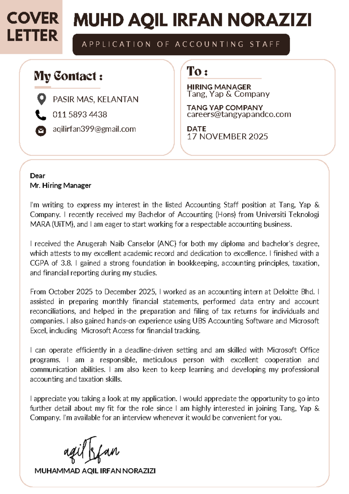 COVER LETTER: APPLICATION FOR ACCOUNTING STAFF POSITION - Studocu