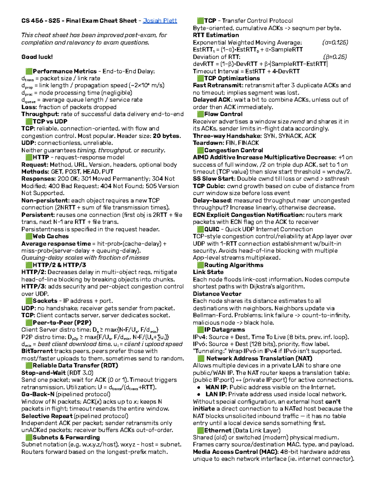 CS 456 S25 Final Exam Cheat Sheet - Key Concepts and Metrics - Studocu