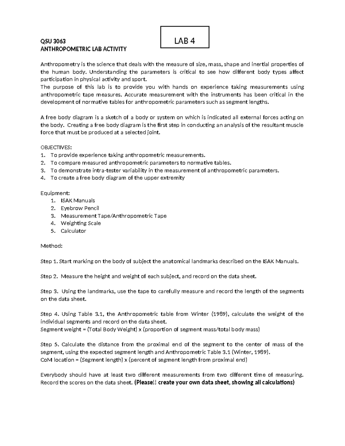 Lab 4: Anthropometric Measurement & Analysis in QSU 3063 - Studocu
