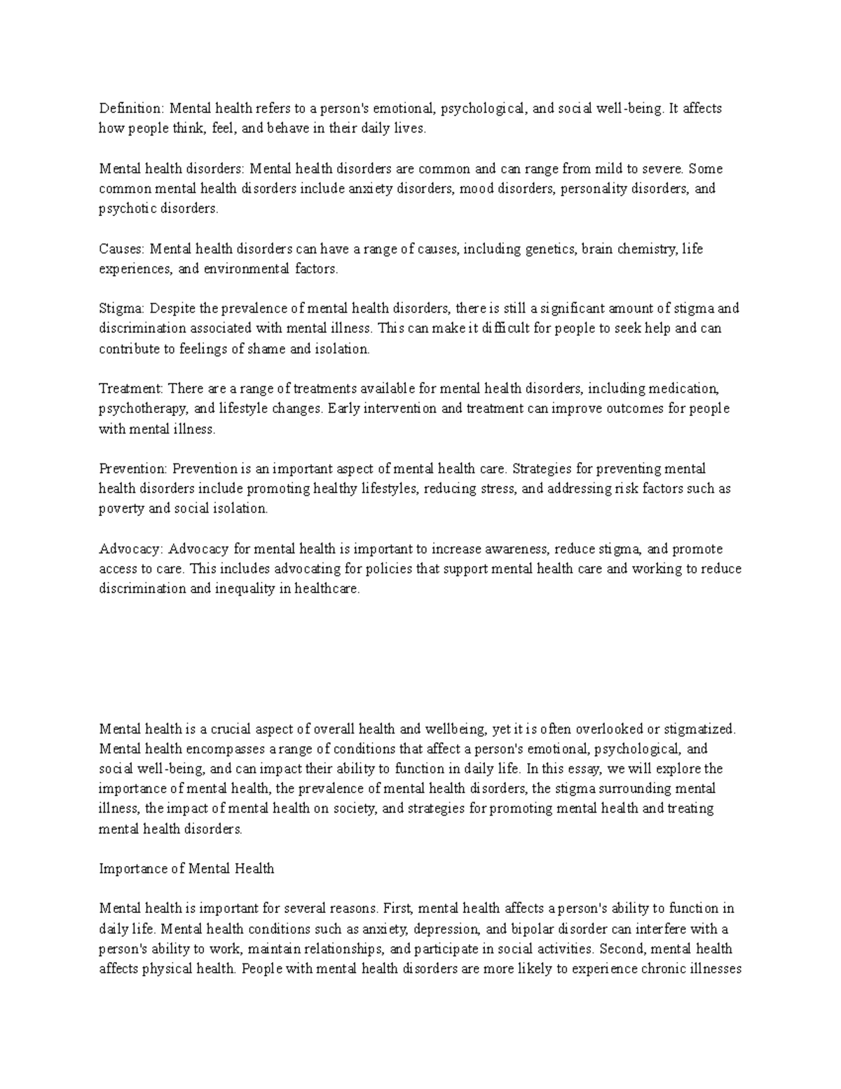 Mental Health - Essay Outline and Key Notes on Disorders and Treatment ...