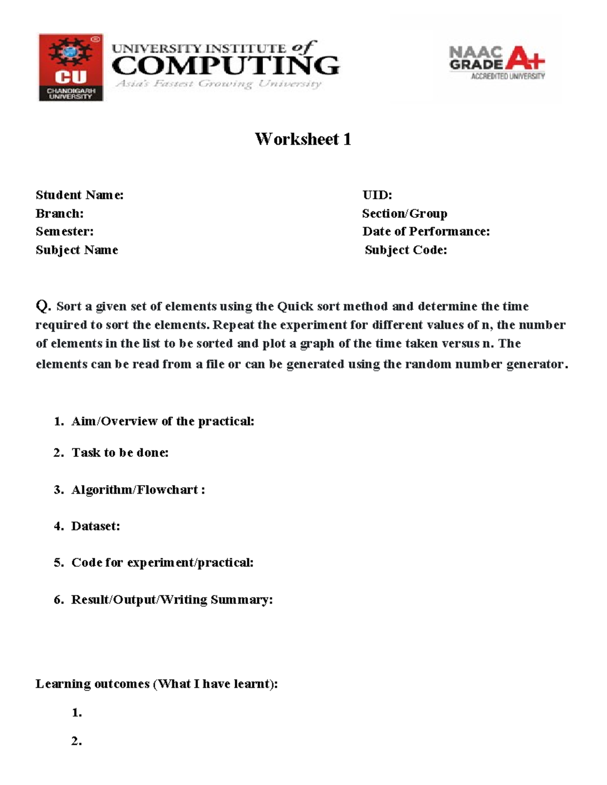 Quick Sort Method Experiment Worksheet - AIP 101 - Studocu