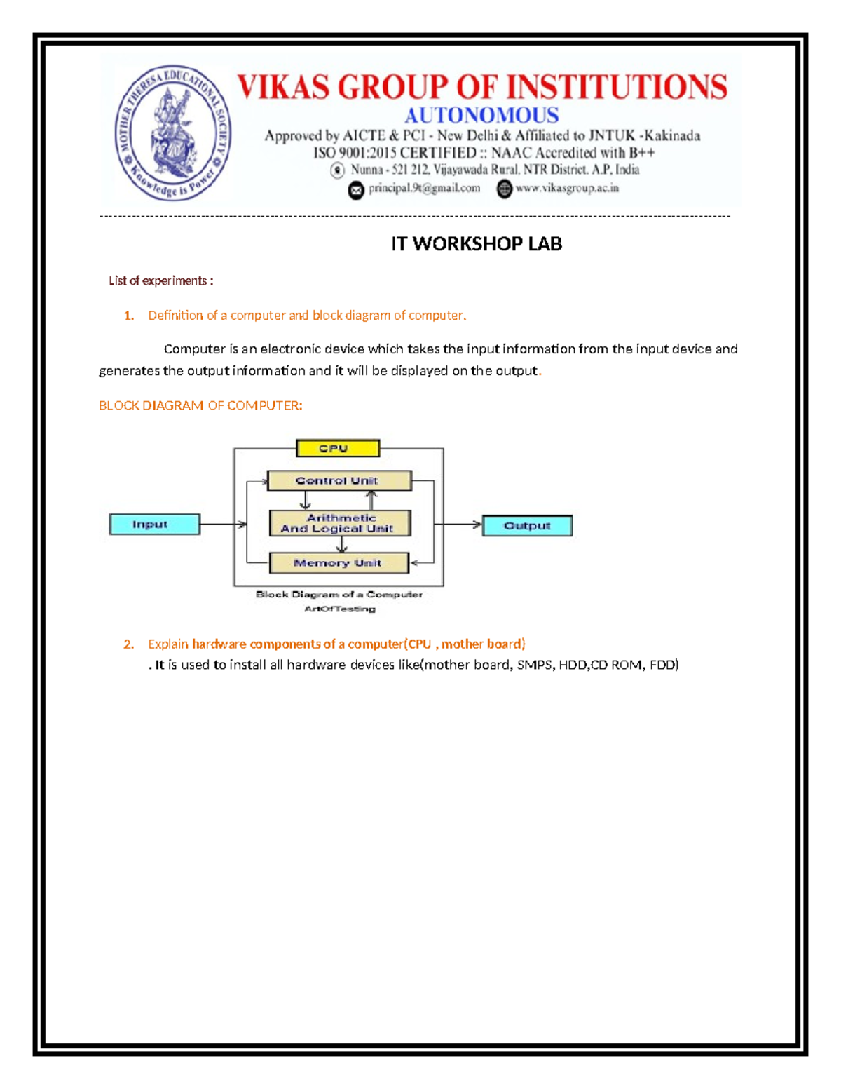 IT Workshop Lab Manual: Experiments & Hardware Components - Studocu