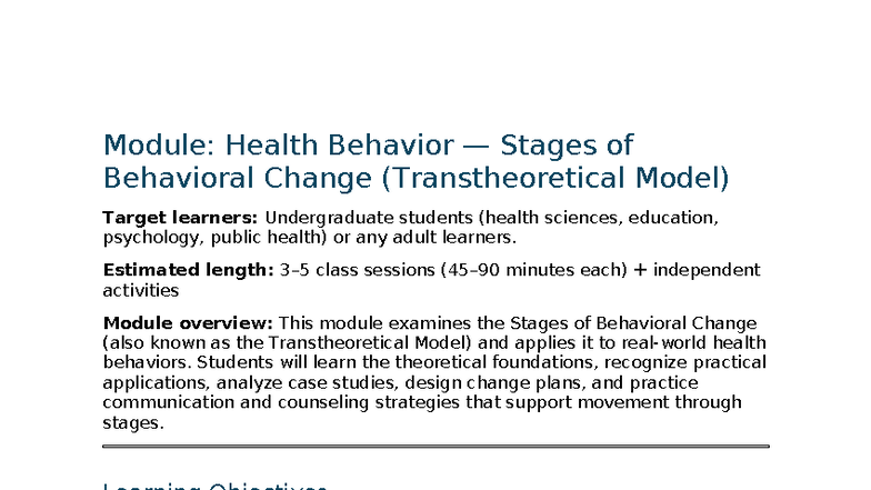 Module: Health Behavior Stages of Change (Transtheoretical Model ...
