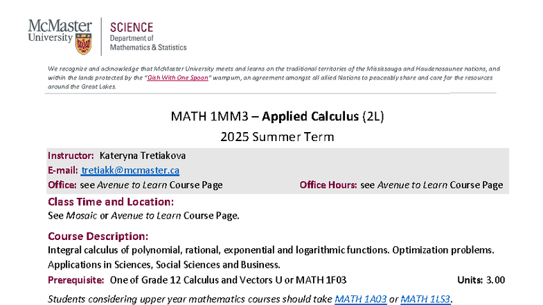 Math 1MM3 Applied Calculus Course Overview - Summer 2025 - Studocu