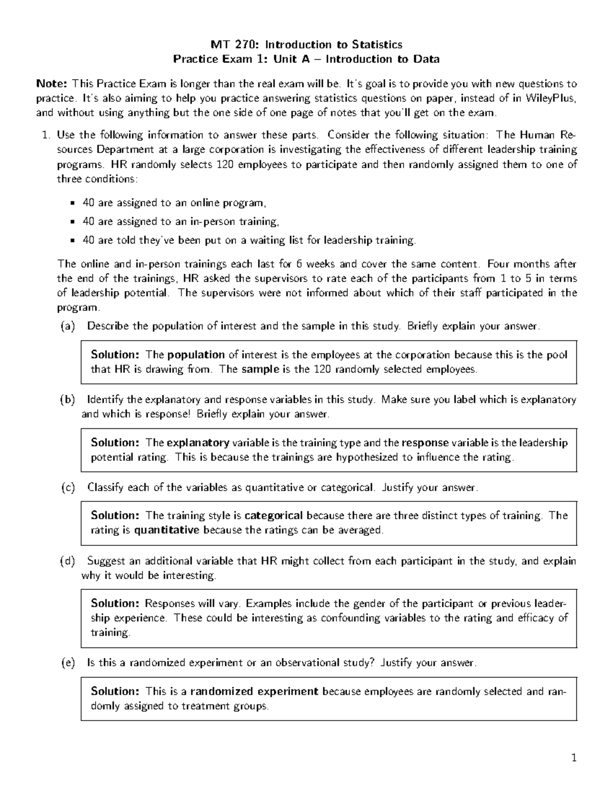 MT 270: Introduction to Statistics - Practice Exam 1 Unit A Solutions ...