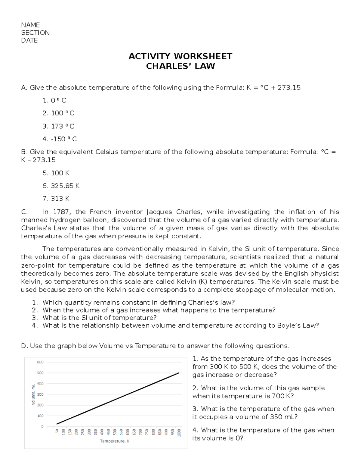 Charles' Law Activity Sheet (Physics 101) - Studocu