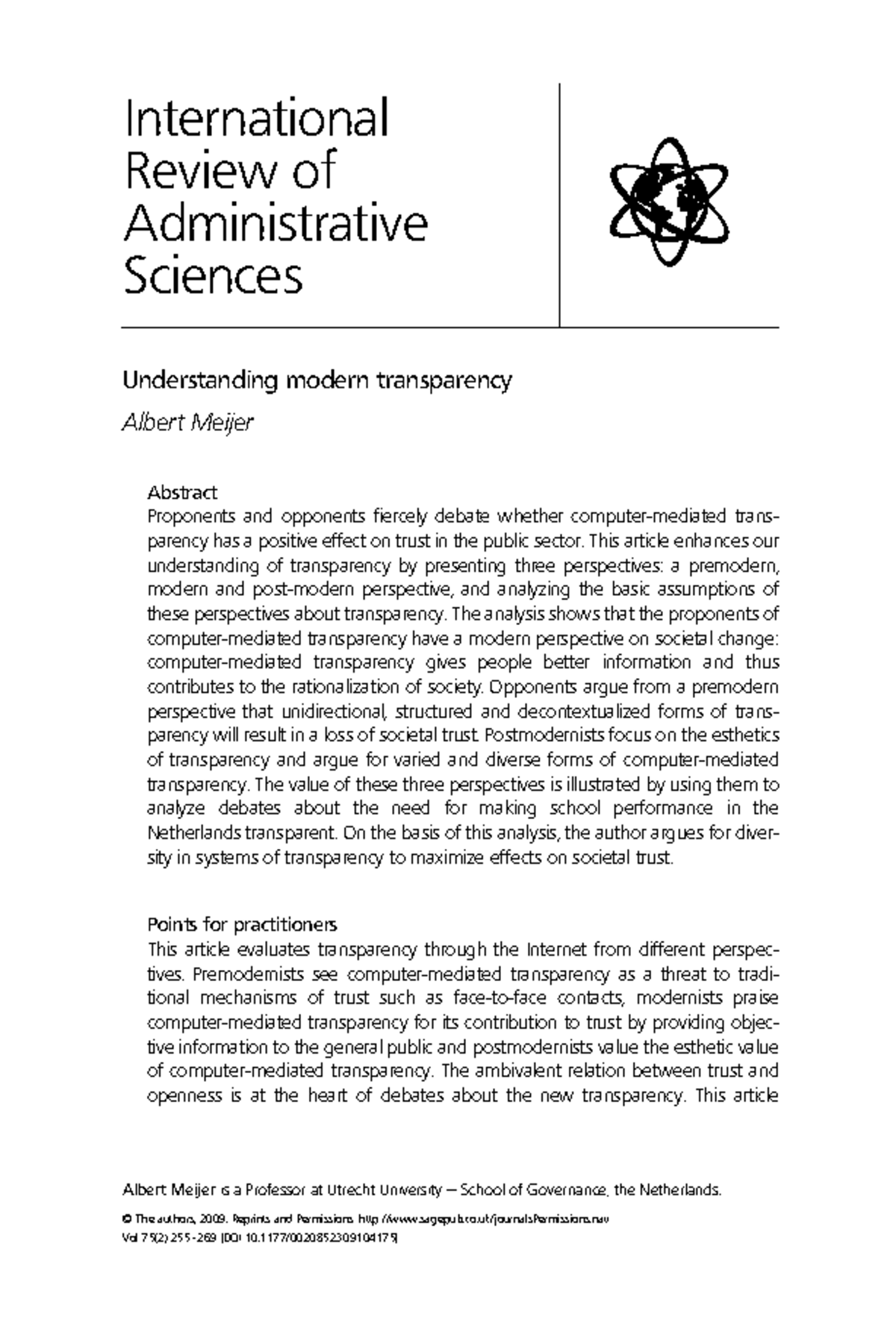 Meijer 2009: Perspectives on Modern Transparency in Public ...