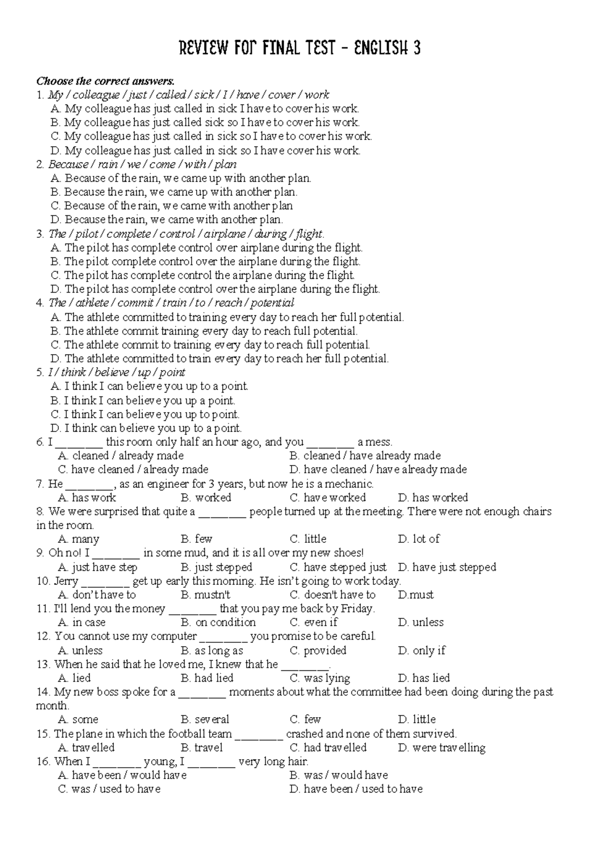 REVIEW for FINAL TEST ENGLISH 3: Answer Key and Explanations - Studocu