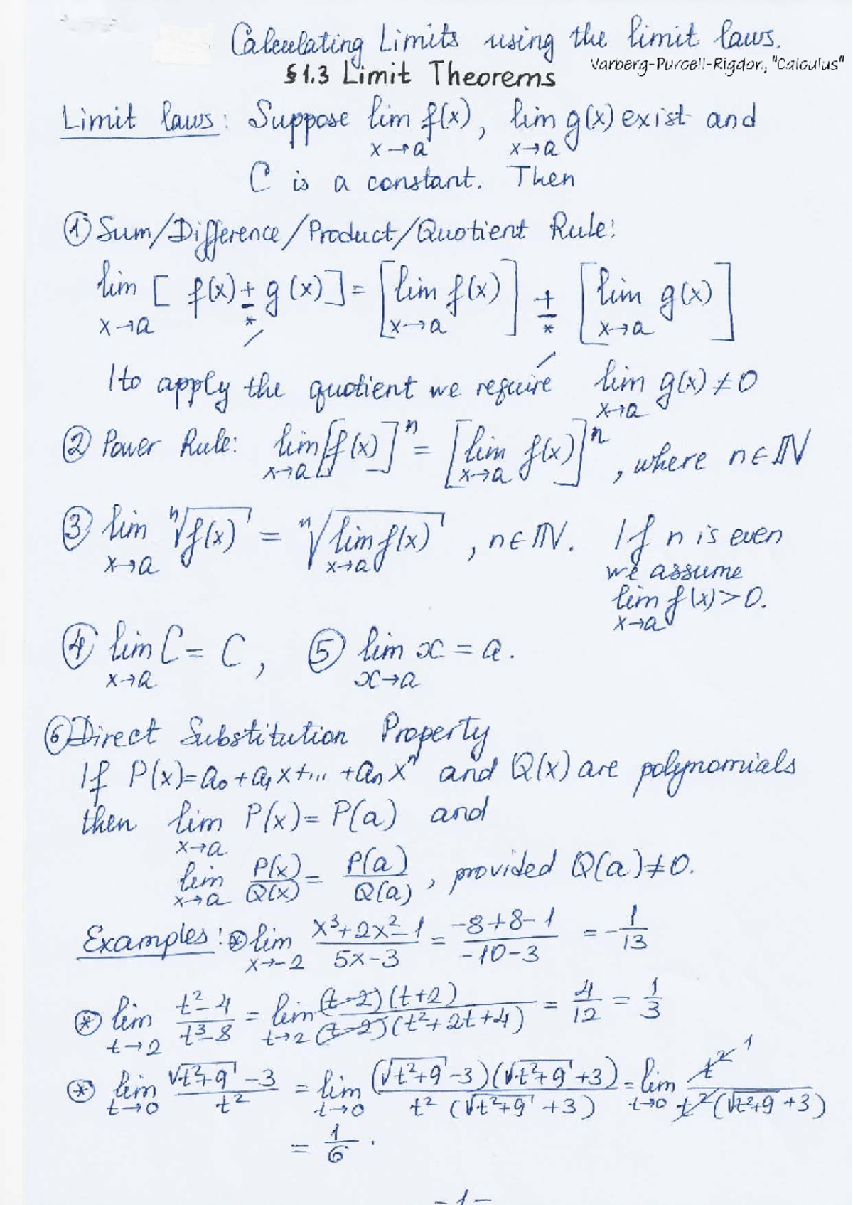 Limit Theorems Lecture Notes: Calculating Limits Using Limit Laws - Studocu