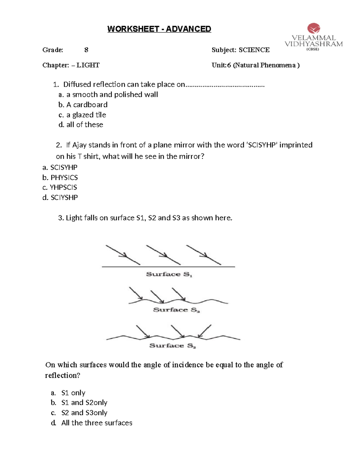 8th Grade Science Light Worksheet - Advanced Unit 6 - Studocu