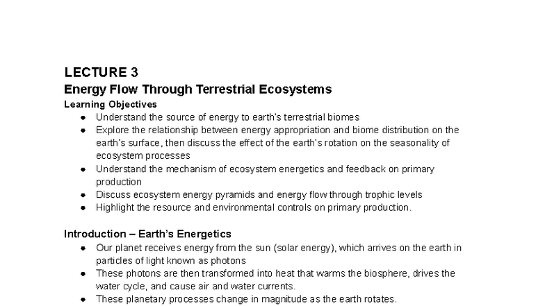 LECTURE 3: Energy Flow in Terrestrial Ecosystems and Biome Dynamics ...