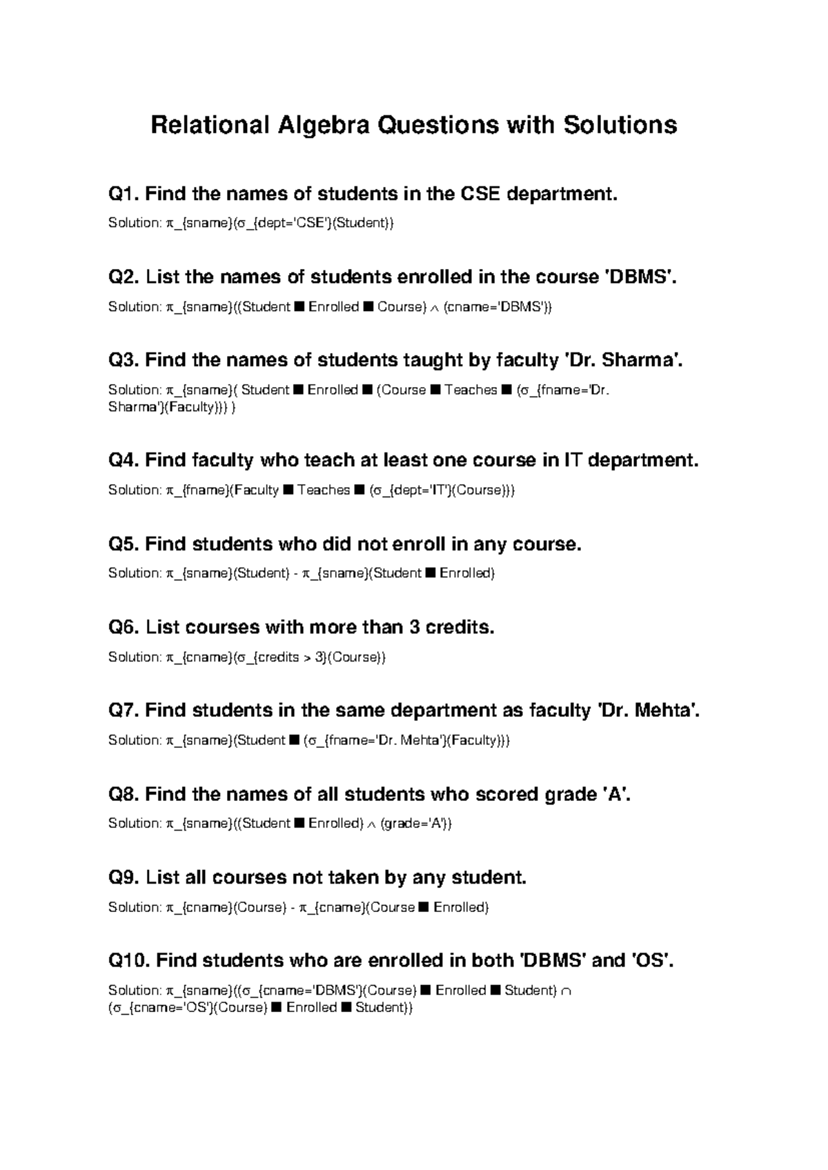 Relational Algebra Questions & Solutions for CSE 101 - Studocu