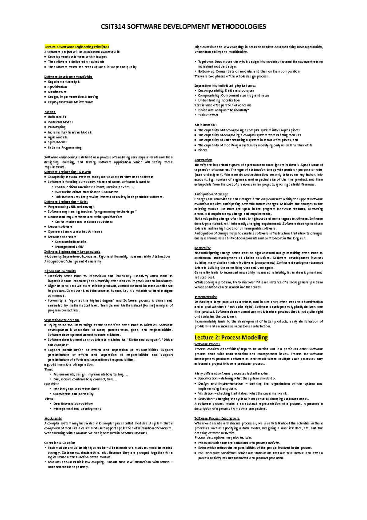 CSIT314 SOFTWARE DEVELOPMENT METHODOLOGIES Midterm Notes: Software ...