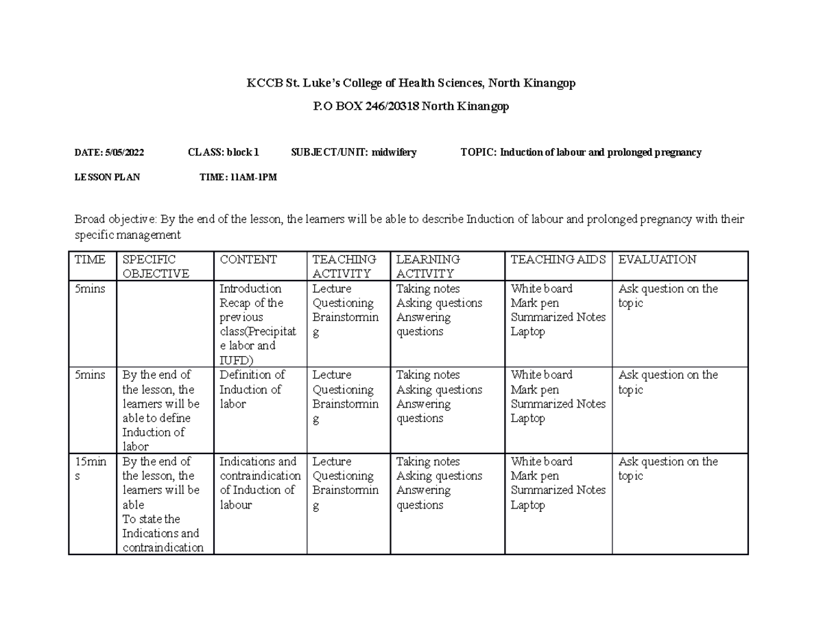 Induction of labour lesson plan - KCCB St. Luke’s College of Health ...