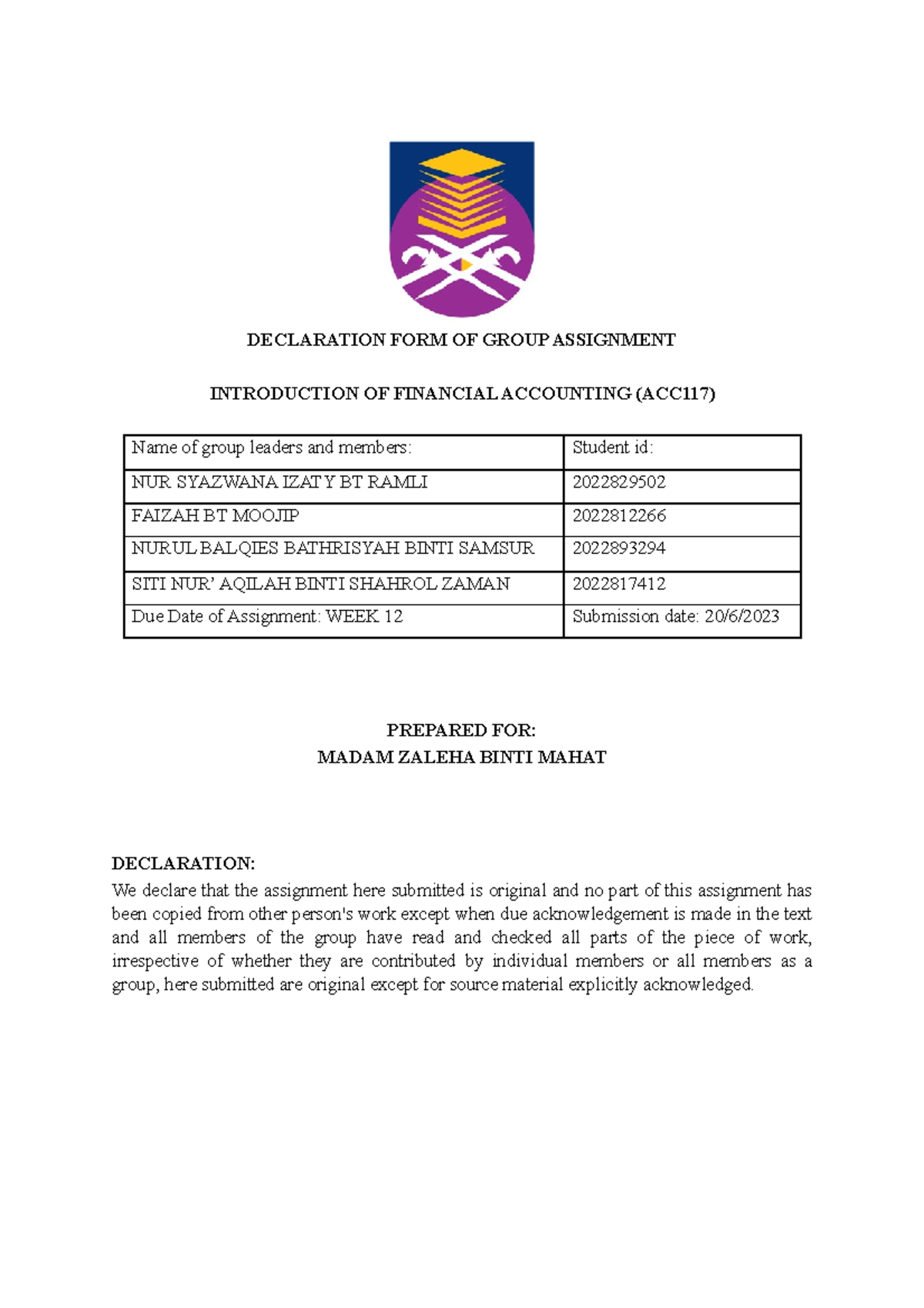 ACC117 Group Assignment: Introduction to Financial Accounting - Studocu