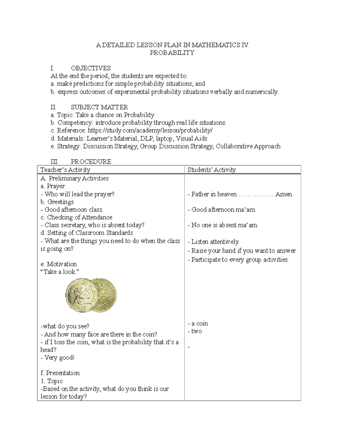 Mathematics IV Lesson Plan: Exploring Probability Concepts - Studocu