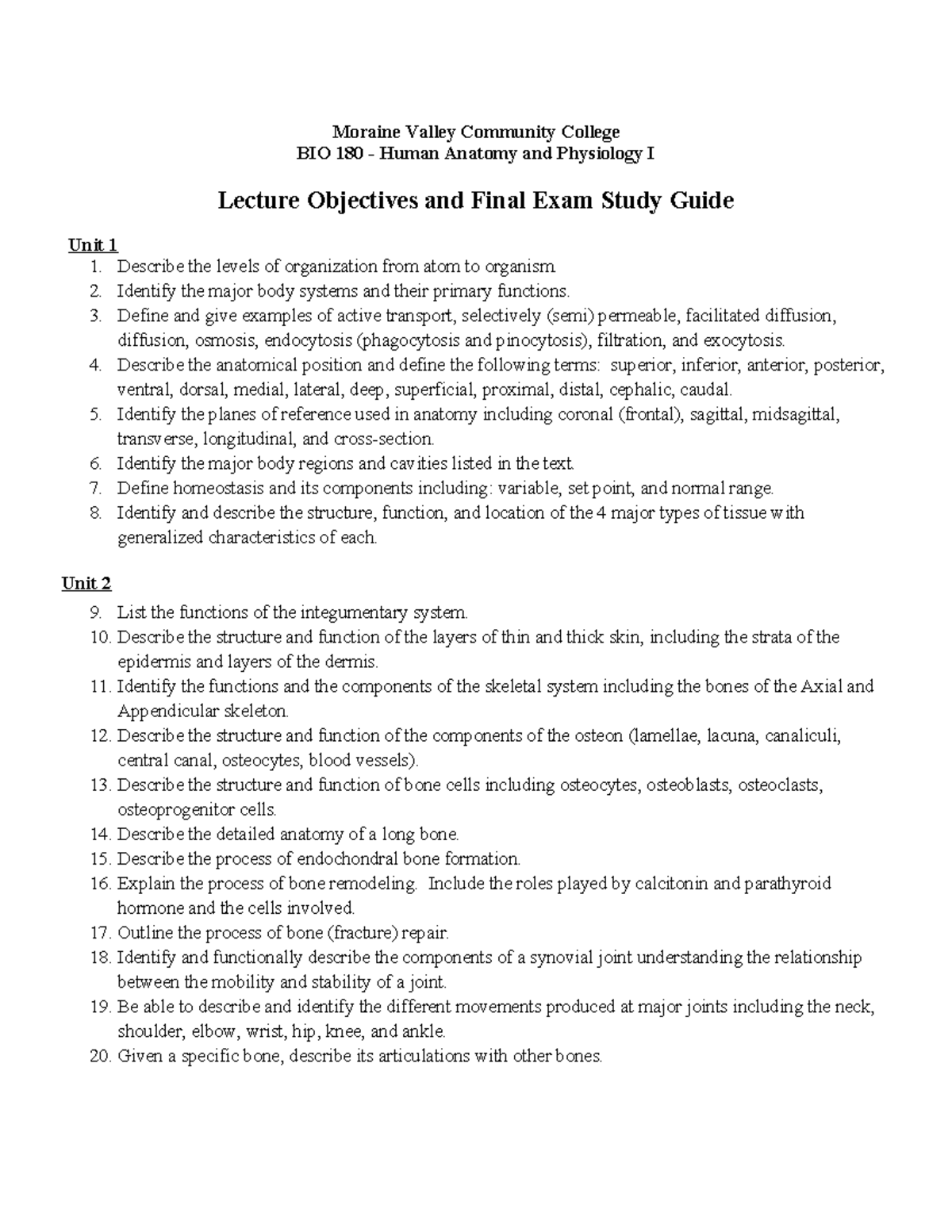 BIO 180 Final Exam Study Guide for Human Anatomy & Physiology I - Studocu