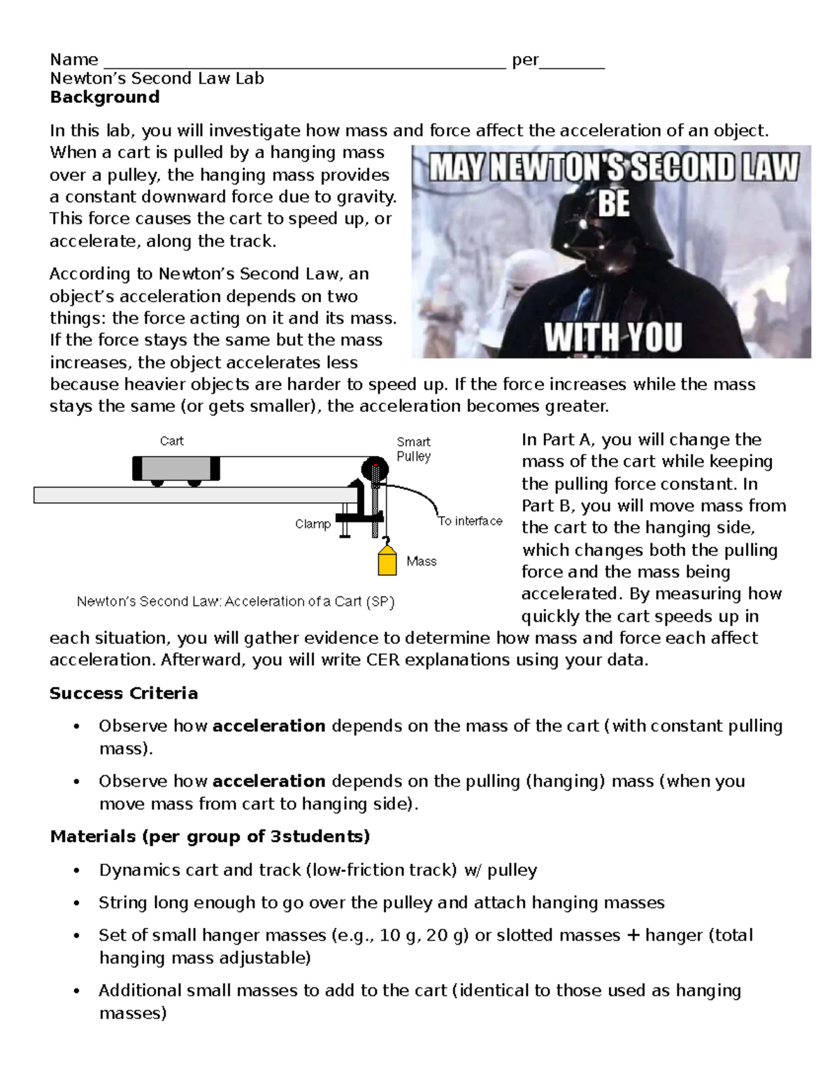 F = ma Lab: Investigating Mass, Force, and Acceleration - Studocu