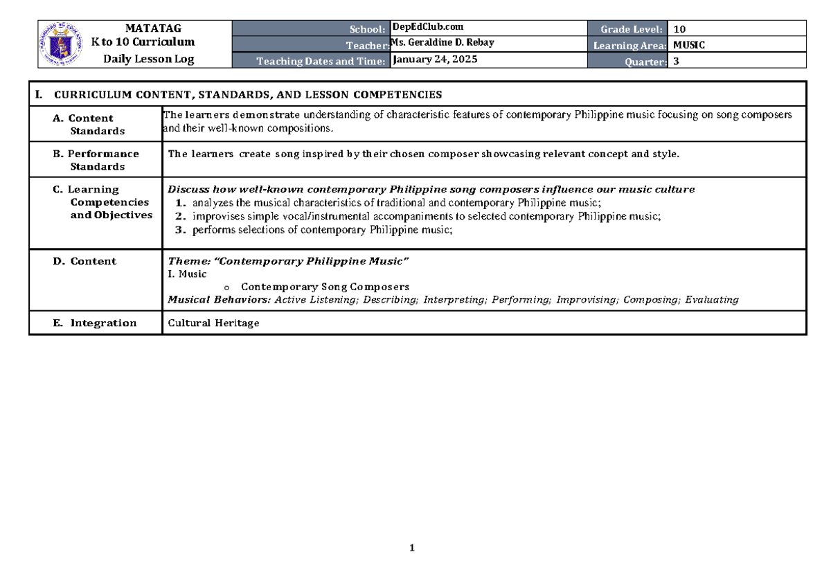 Daily Lesson Exemplar - I. CURRICULUM CONTENT, STANDARDS, AND LESSON ...