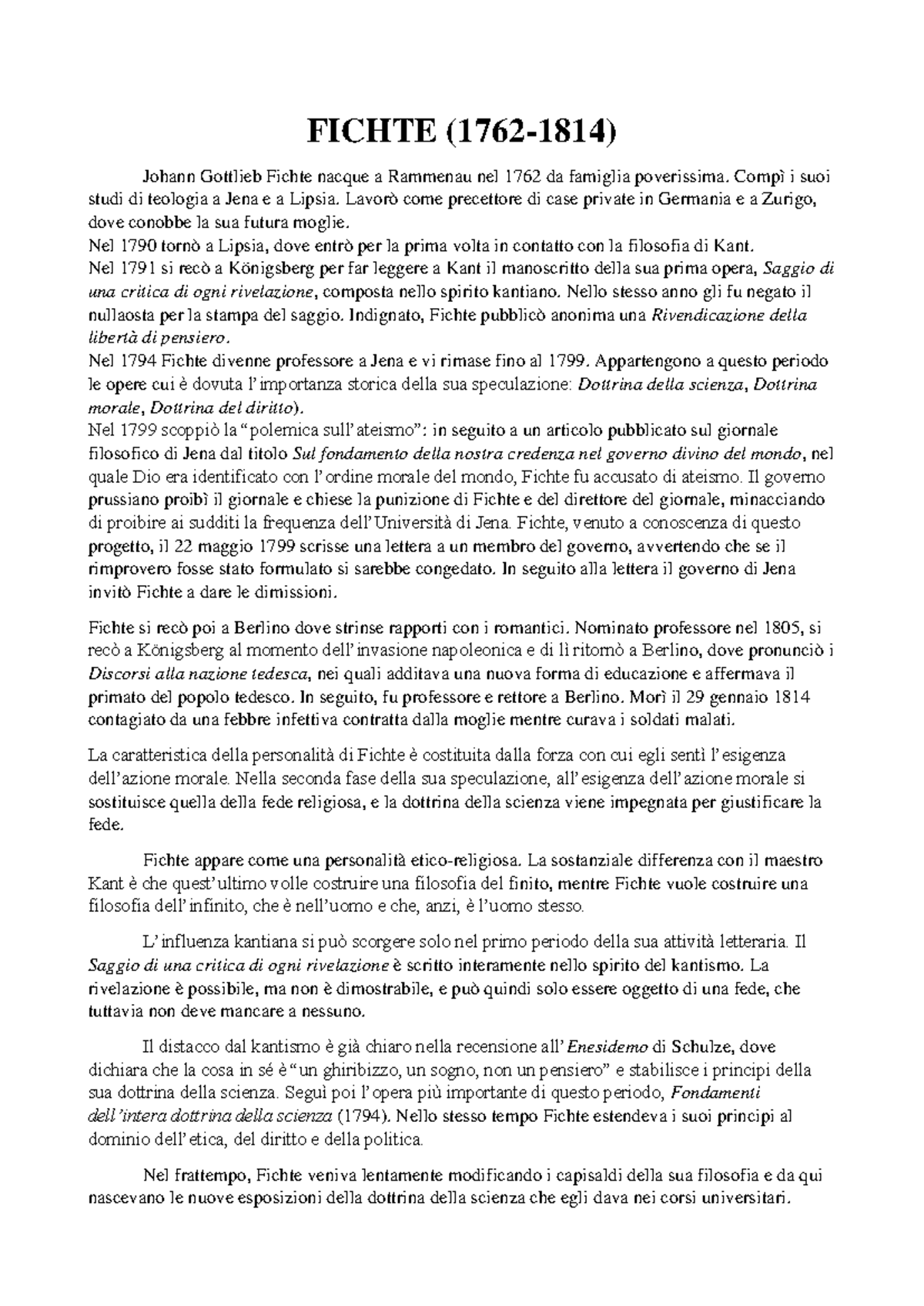 Fichte - "Percorsi di filosofia" - FICHTE (1762-1814) Johann Gottlieb ...