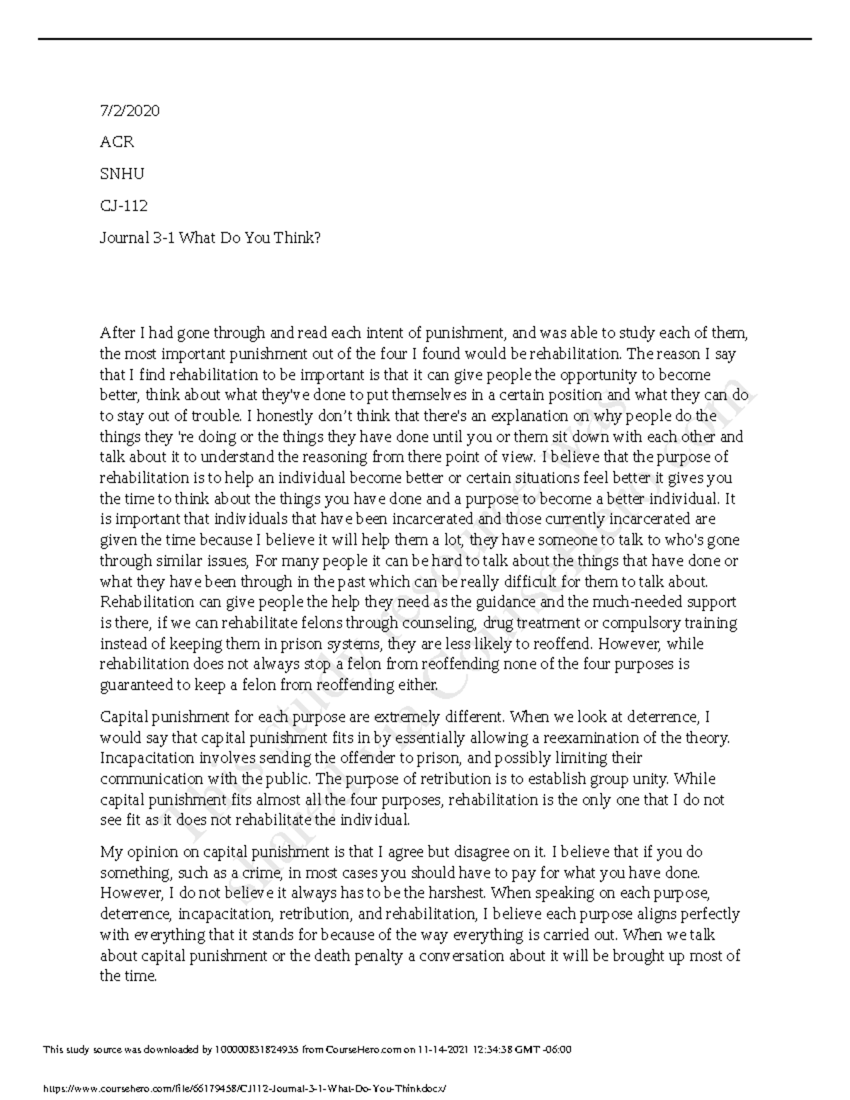 CJ112 Journal 3 1 What Do You Think - ACR SNHU Journal What Do You ...