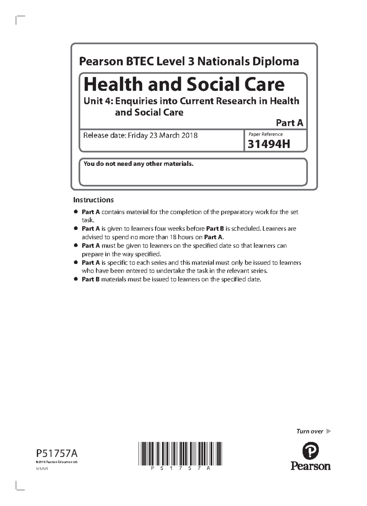 Unit 4: Health & Social Care June 2018 Question Paper for 31494H - Studocu