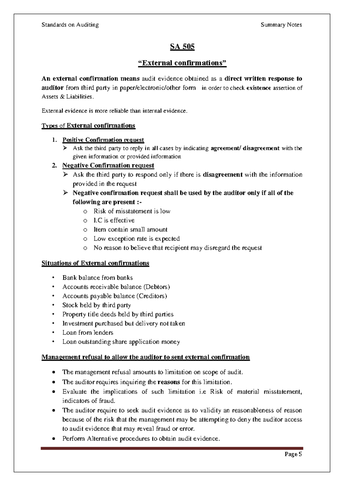SA 505-“External confirmations”. - Standards on Auditing Summary Notes ...