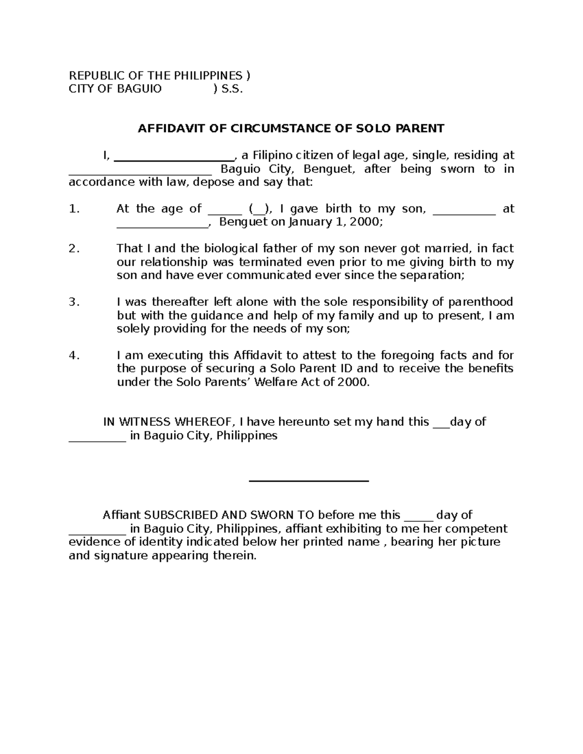 Affidavit of Circumstances for Solo Parent ID Application - Studocu